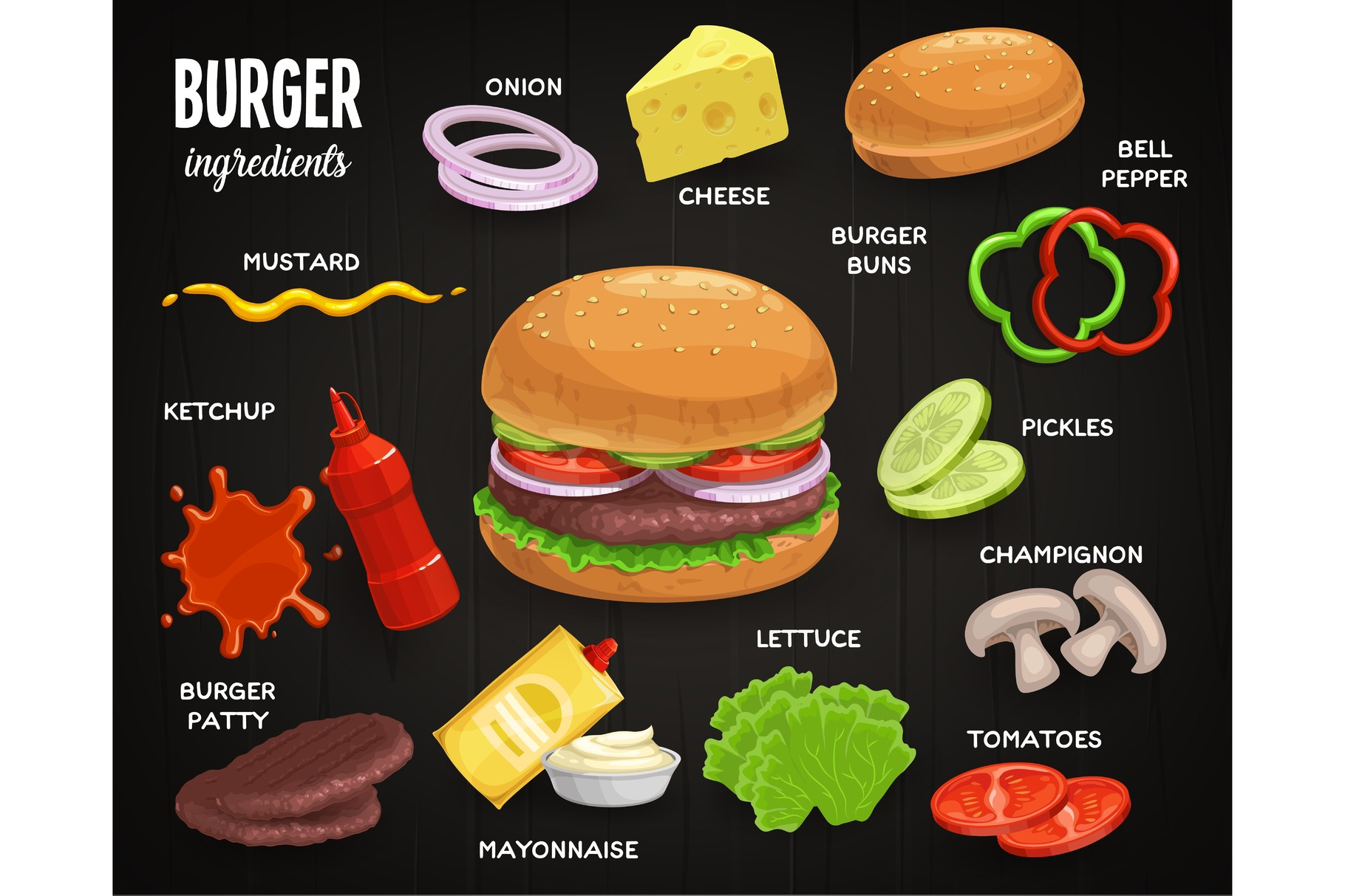 Fast food ingredients for burger, a Food Illustration by Vector Tradition