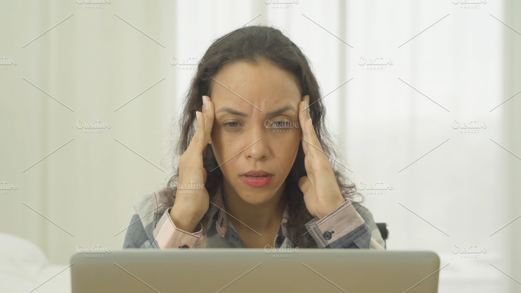 Tired latin young businesswoman have eyes pain. People sitting o, a ...