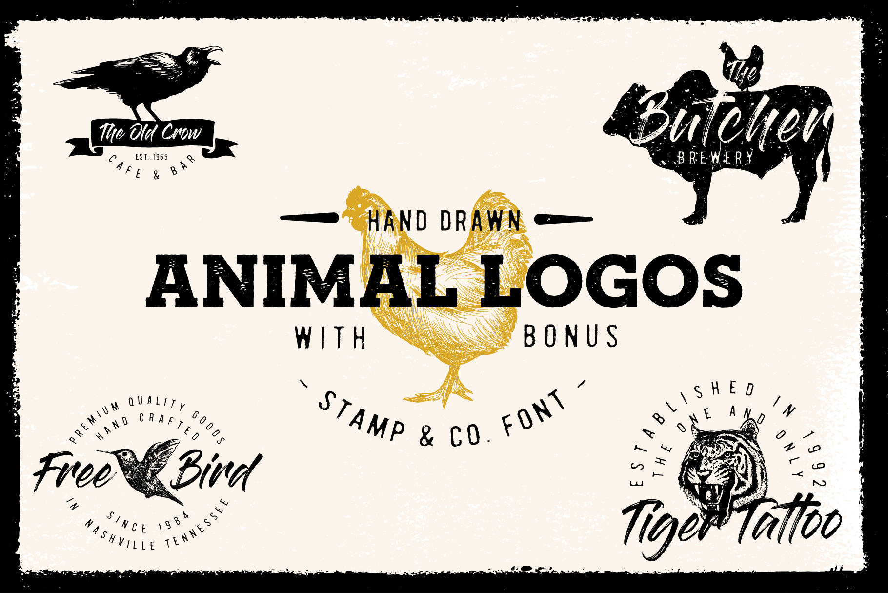 Vintage Sketched Animal logos, a Branding & Logo Template by Tropical Type