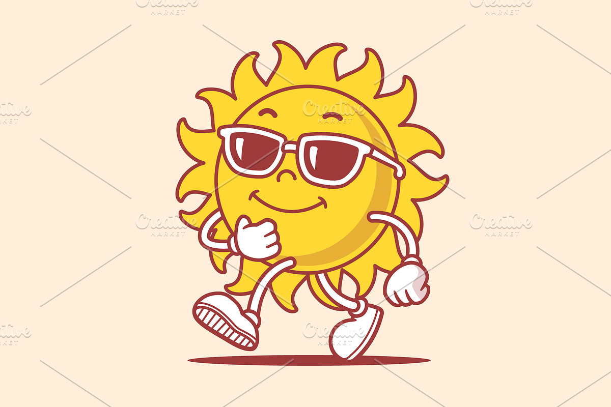 Vintage Cartoon Sun Mascot, an Object Illustration by Vector Kitchen by ...