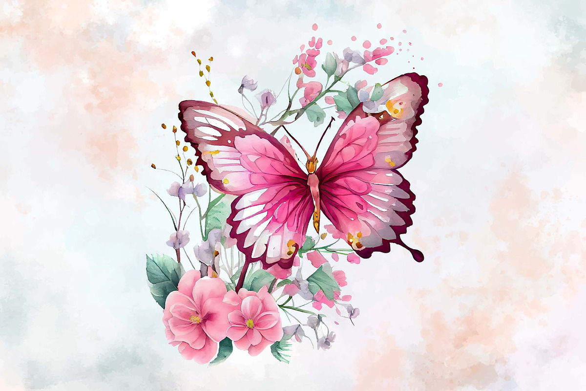 Pink Butterfly with Flowers Bundle, a Graphic by Moon Studio