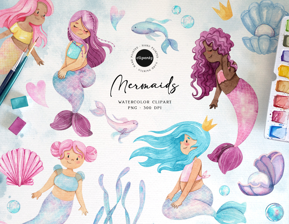 Mermaids Watercolor Clipart, an Illustration by GauSilvaStudio