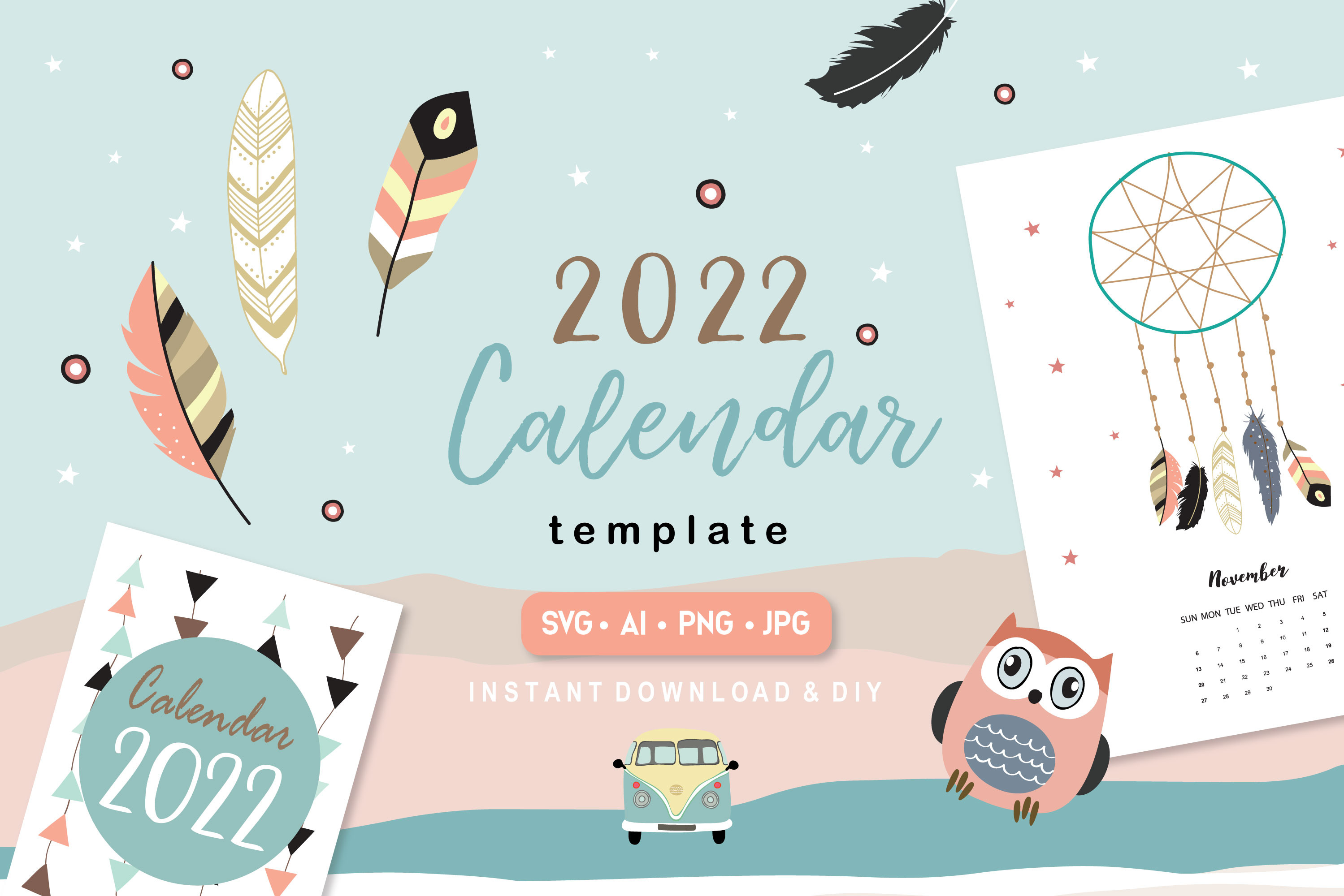 Cute 2022 boho calendar template | Creative Market