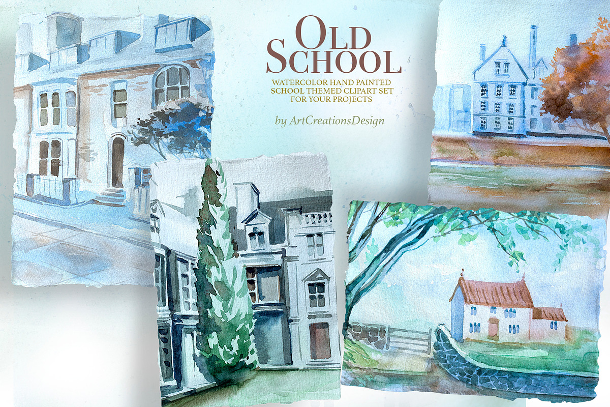 Watercolor Old School Clipart Set, a Seasonal Illustration by ...