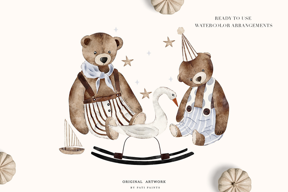 Watercolor Vintage Teddy Bear Set