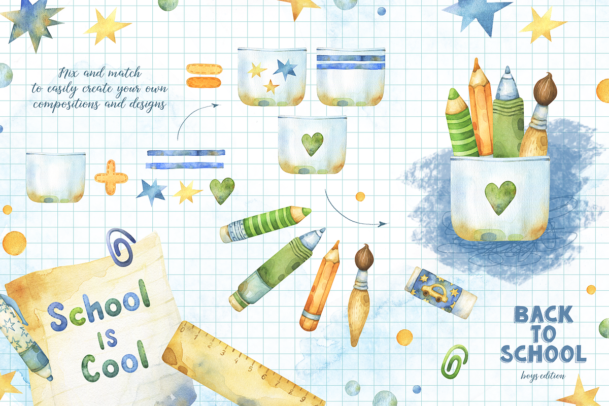 Back to School Watercolor clipart set