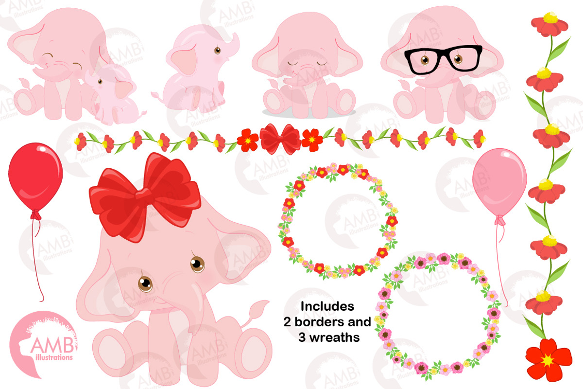 Pink baby elephant Bundle AMB-2276, an Animal Illustration by ...