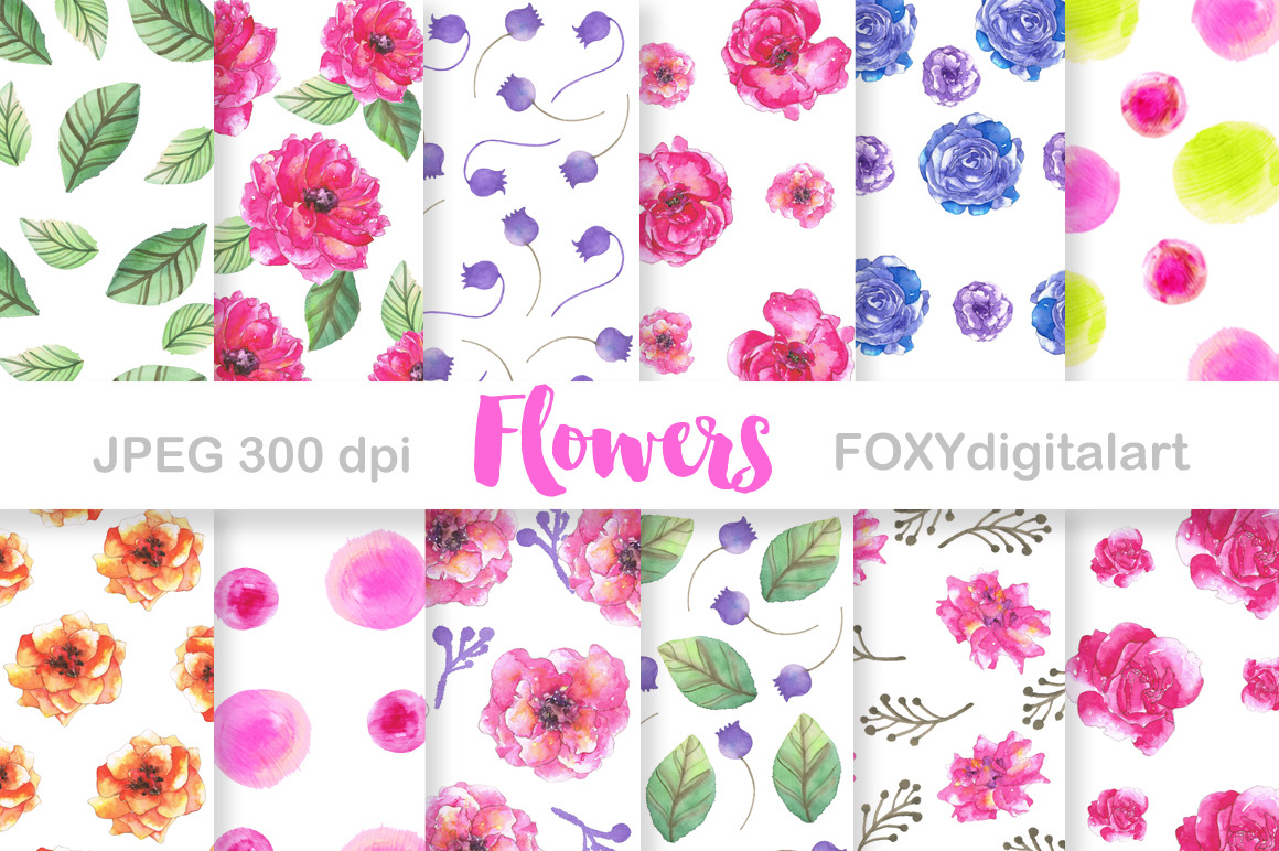 Watercolor Flowers Digital Paper, a Pattern Graphic by FOXYdigitalart ...