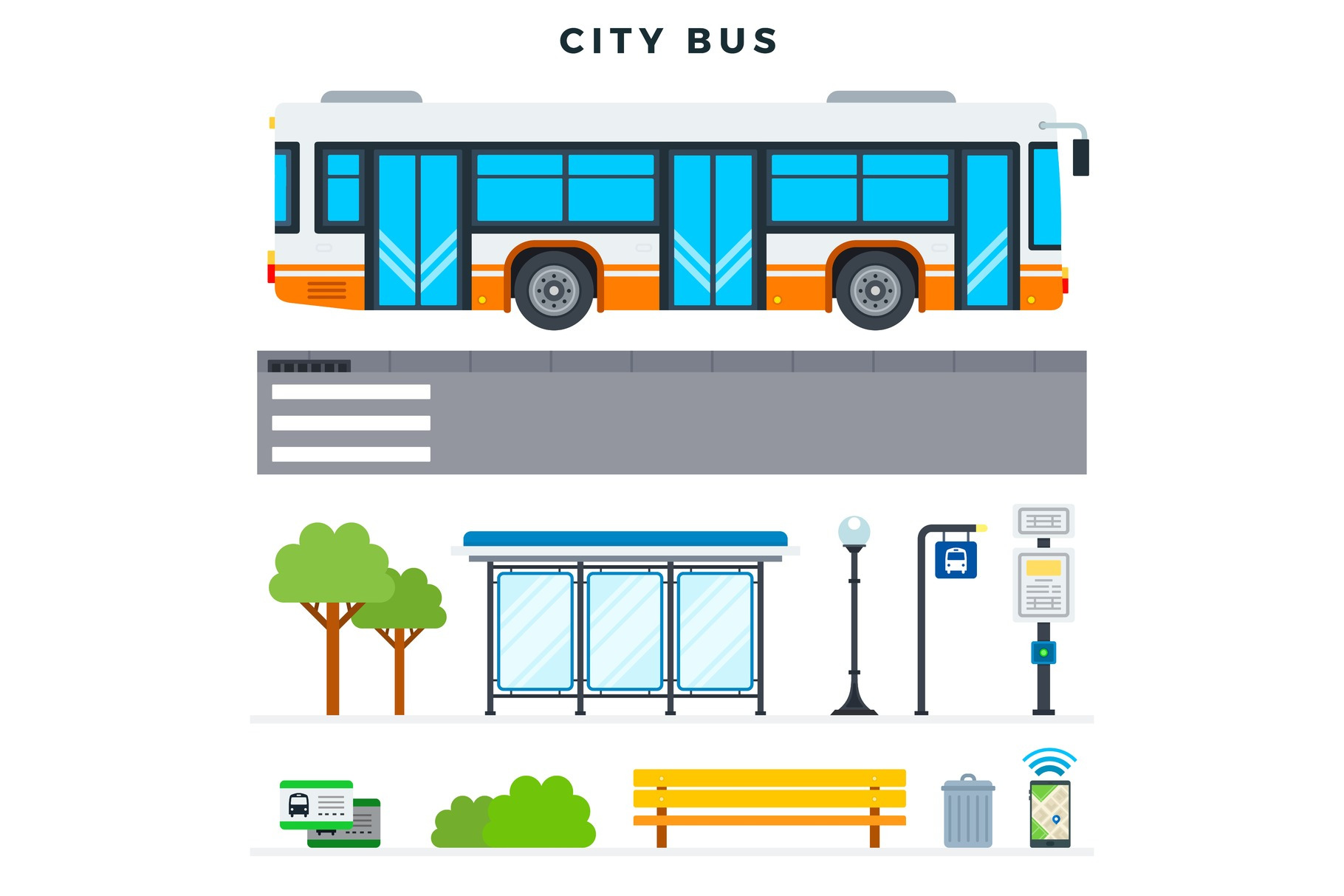 City bus. Bus stop, outdoor and city, a Transportation Illustration by ...
