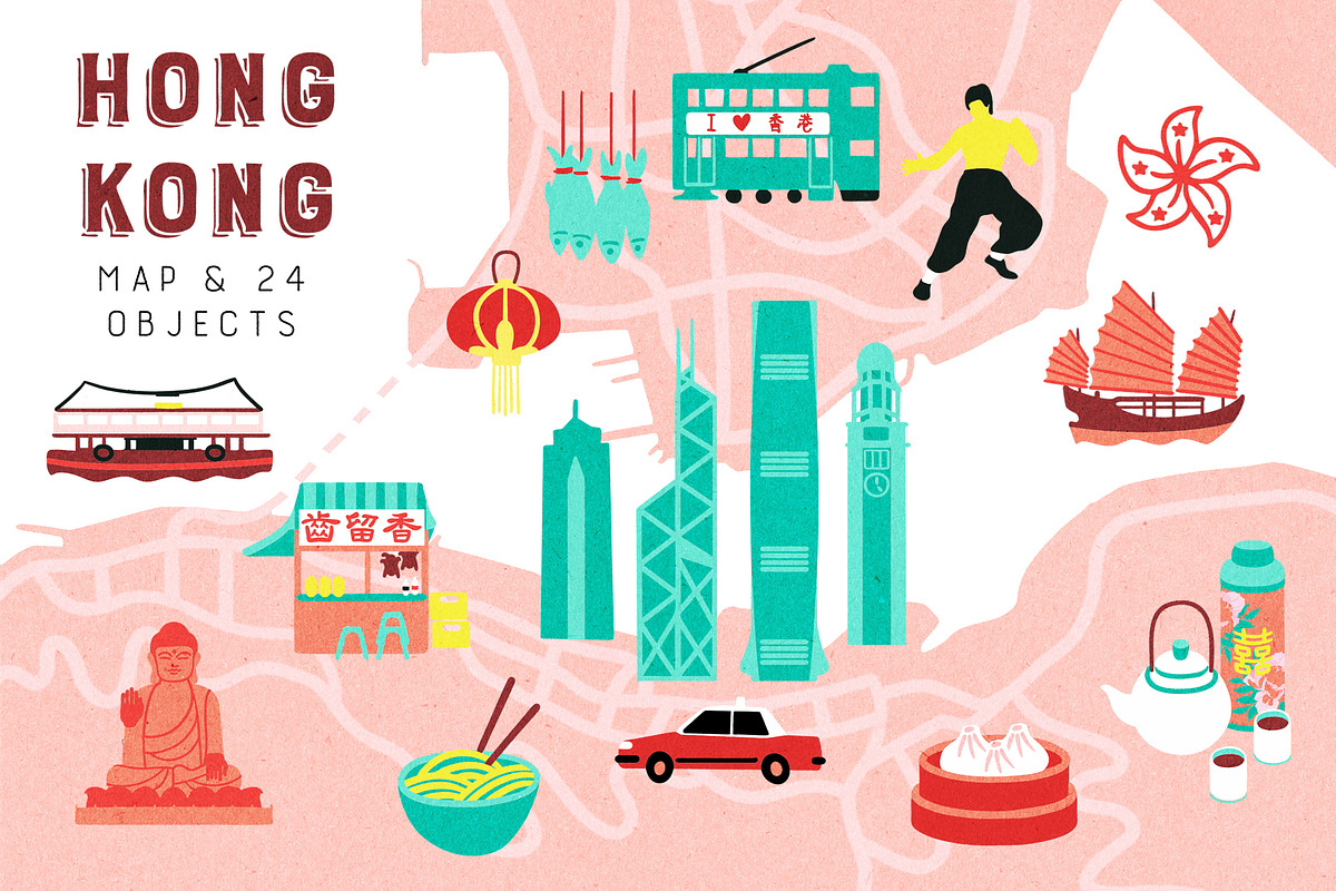 Cartoon Hong Kong map and 24 objects, an Object Graphic by Wondermilkycolor