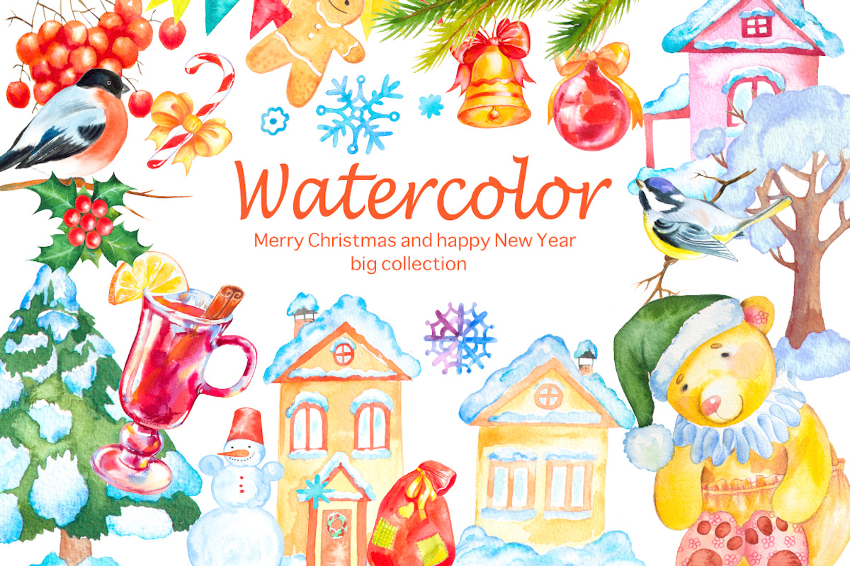 Christmas watercolor big set, an Illustration by Pure watercolor ...