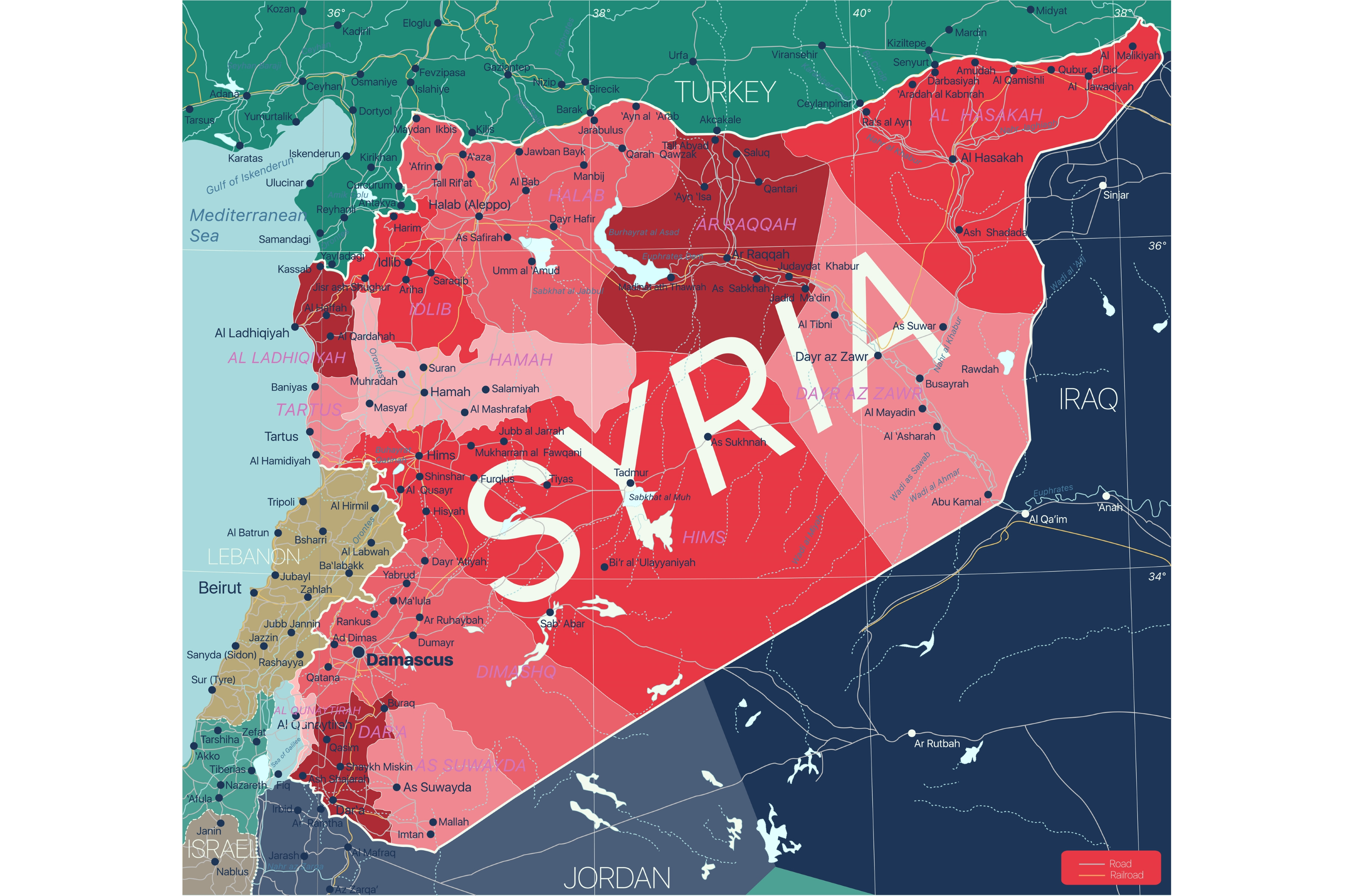 Syria country detailed editable map, an Illustration by Jan Jack Russo ...