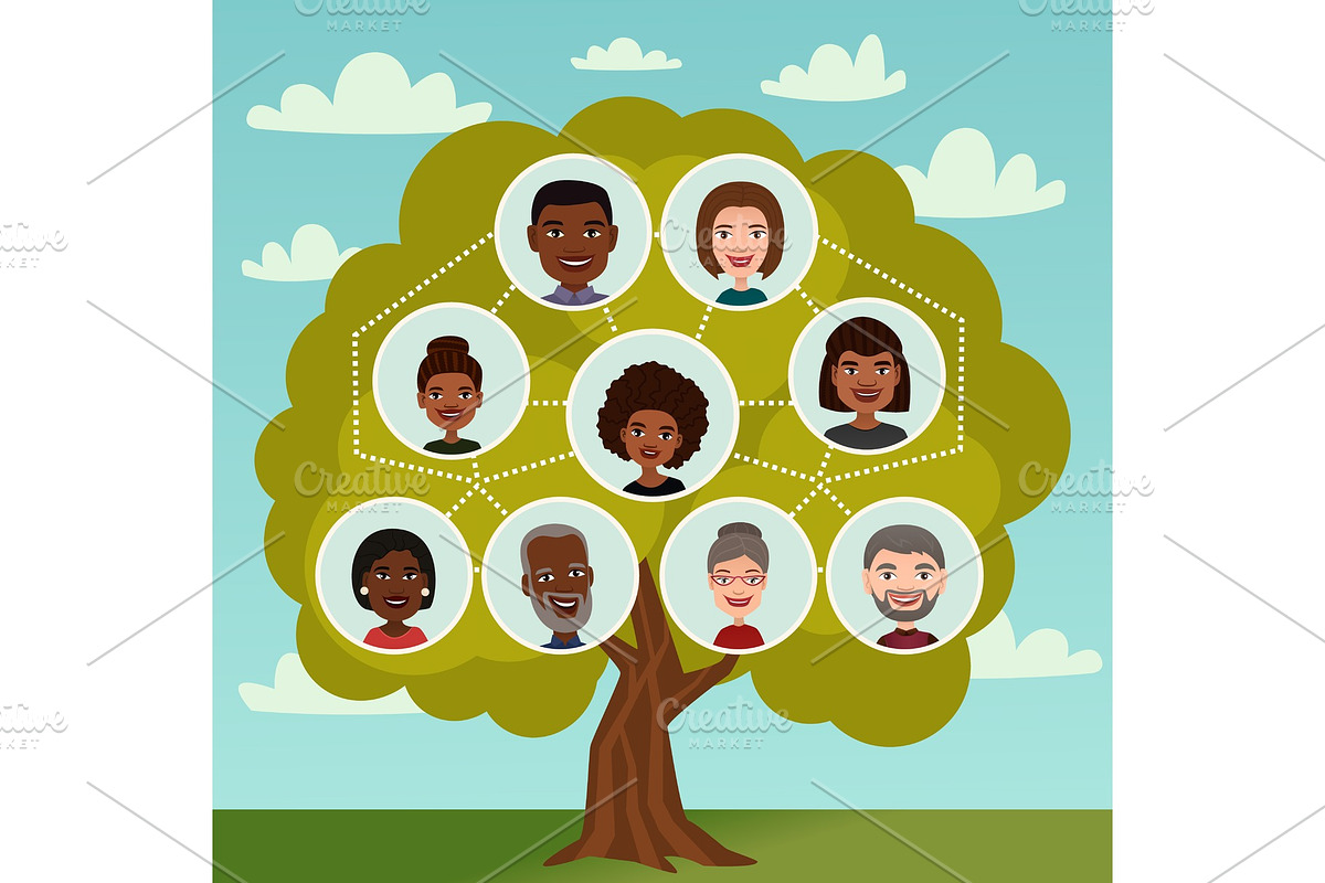 Big family tree cartoon concept with avatar icons, a Person ...