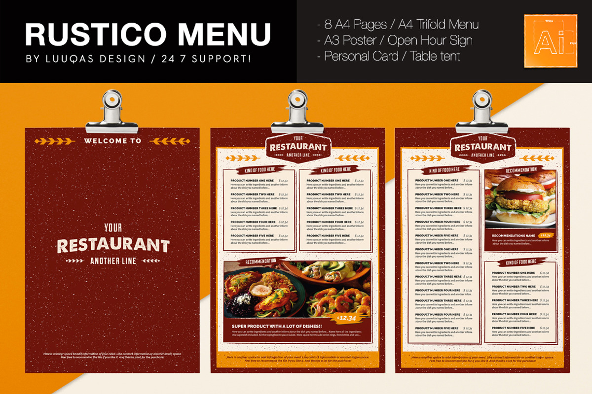 Rustico Menu Illustrator Template, a Brochure Template by Luuqas Design