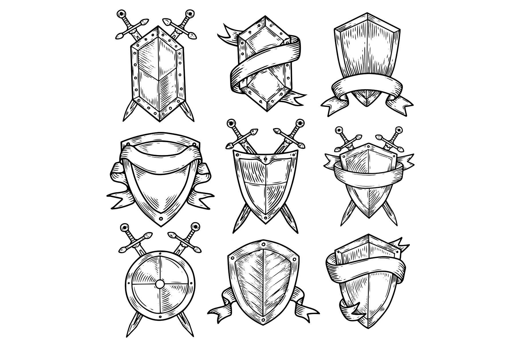 Blank or empty shields with swords and ribbons. | Illustrations ...