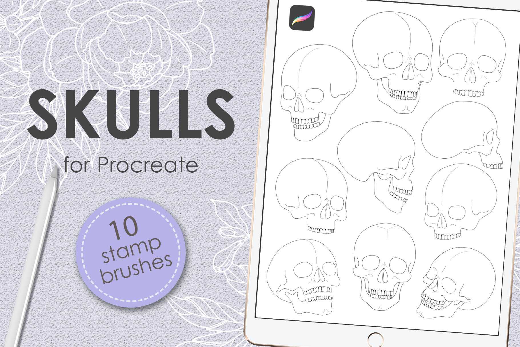 Skulls procreate stamp brushes, a Brush Add-On by Veronika Gotovceva