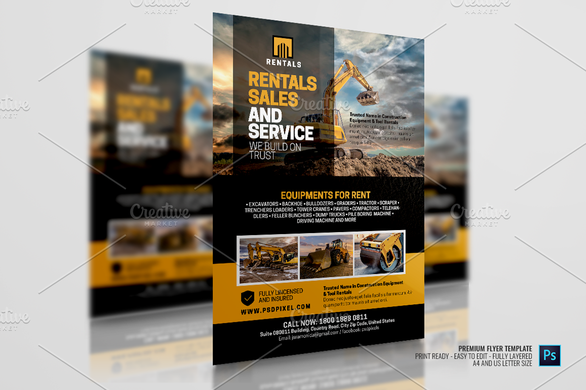 Construction Machine Rentals Flyer, a Flyer Template by PSDPixel