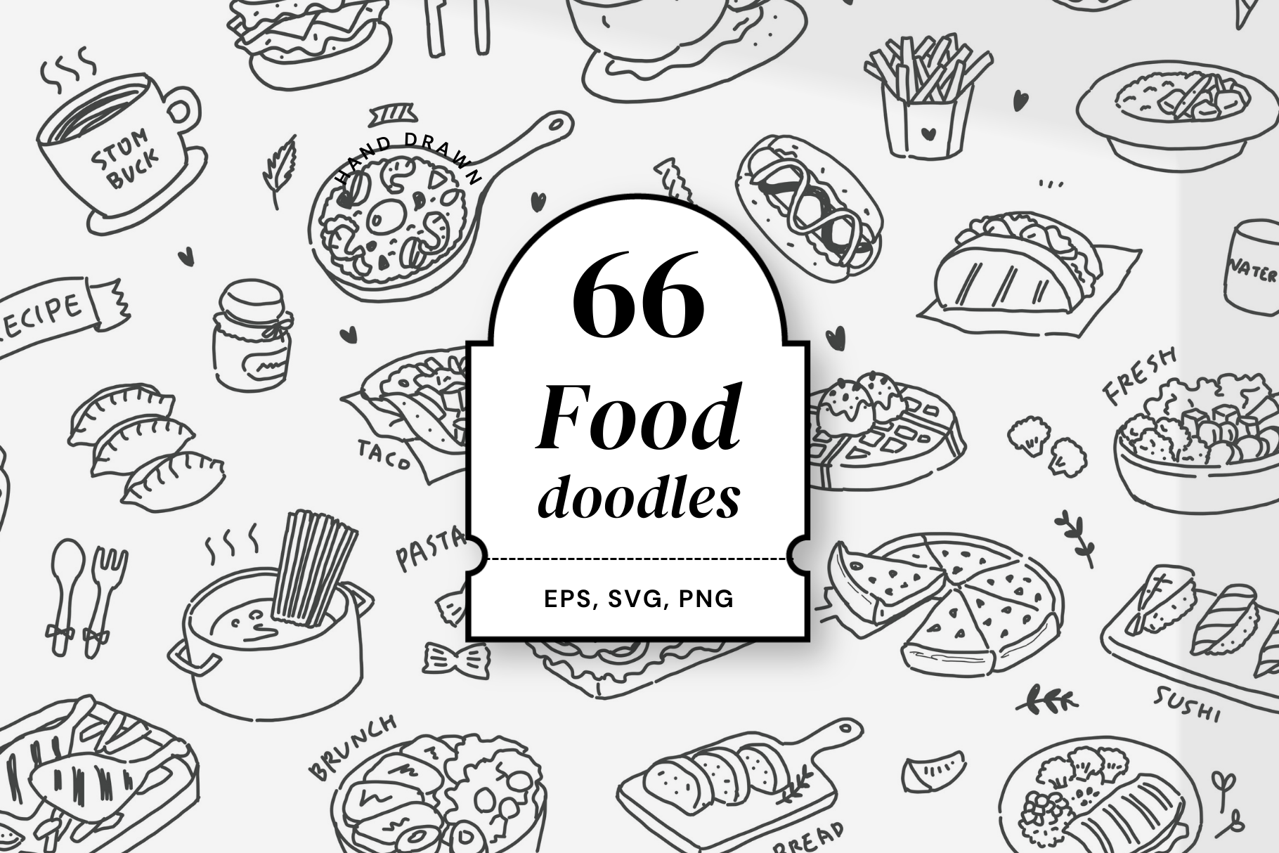 66 Hand drawn food doodles, an Object Graphic by Pinkbrush