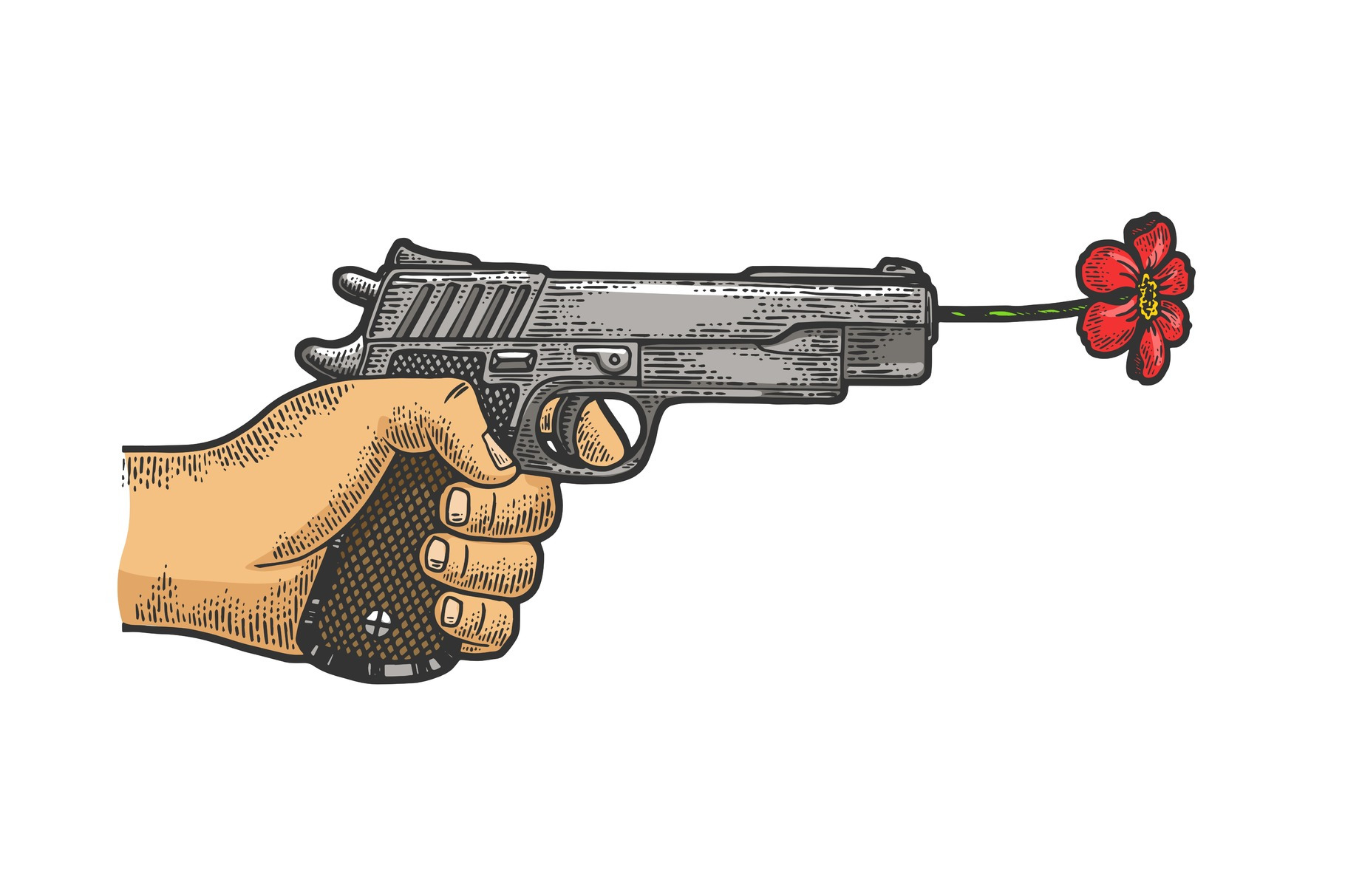 Gun shoots a flower sketch engraving, an Object Illustration by AlexArt