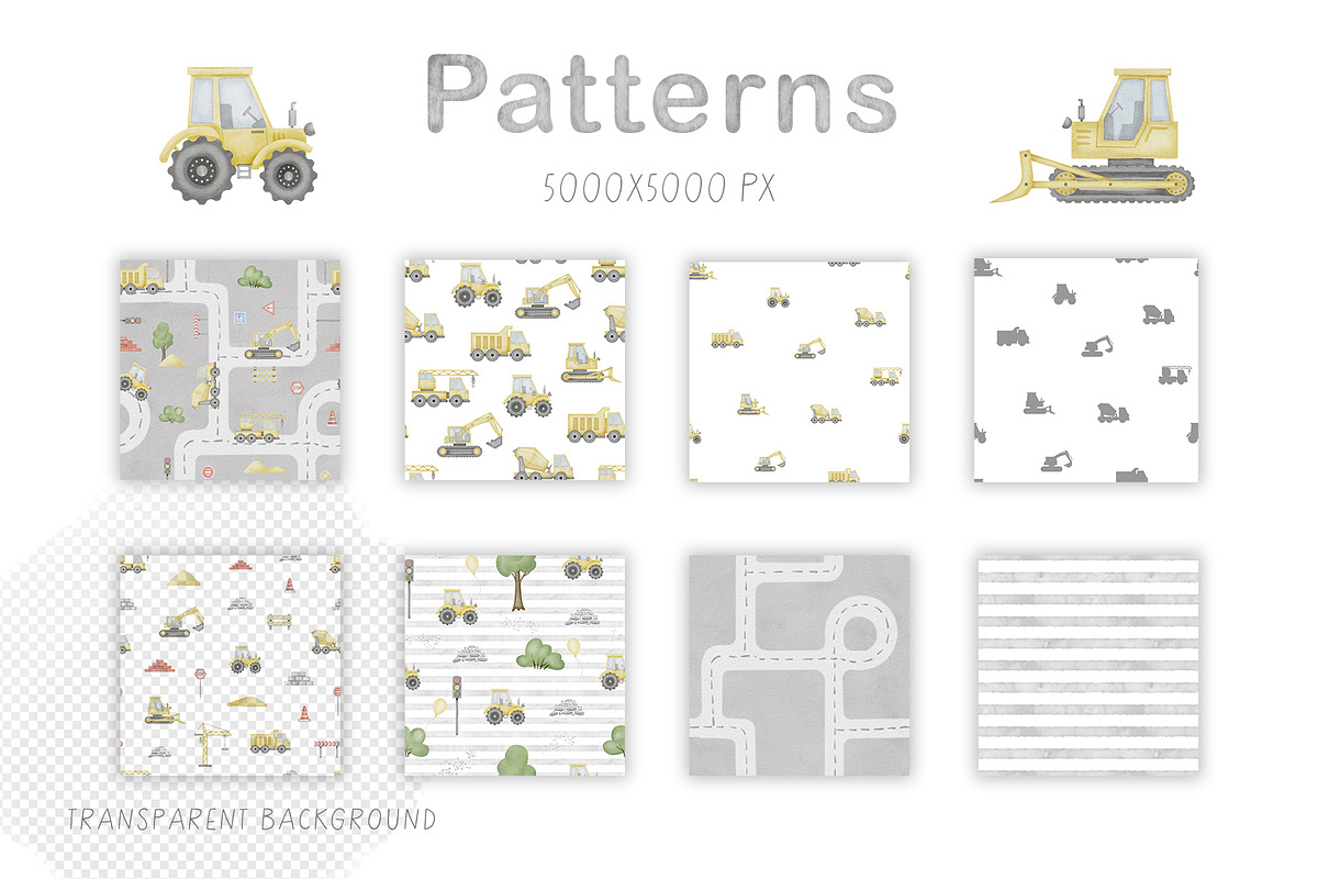 Construction Trucks watercolor set, a Transportation Illustration by ...