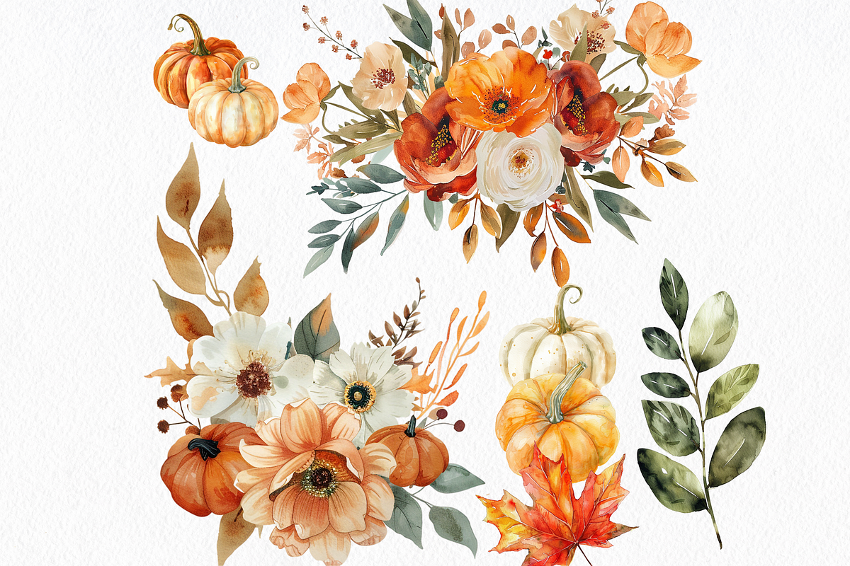 Floral Pumpkin Fall Clipart, a Seasonal Illustration by ClipArtCharm