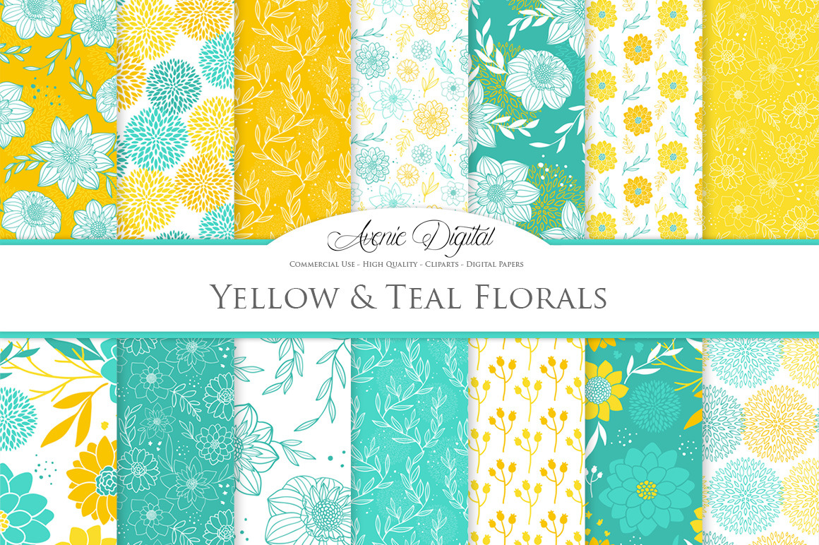 Teal & Yellow Floral Vector Patterns, a Pattern Graphic by Avenie Digital