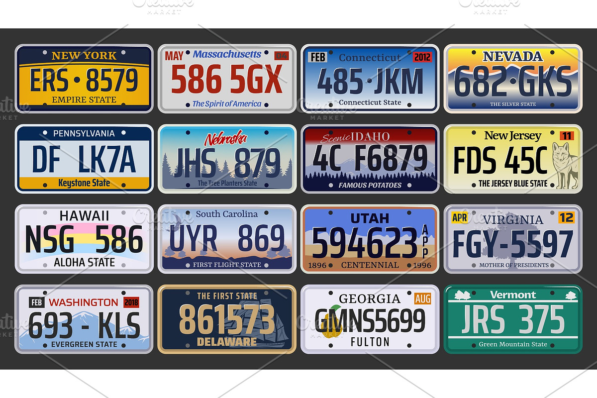Car license plates, USA, a Transportation Illustration by Vector Tradition
