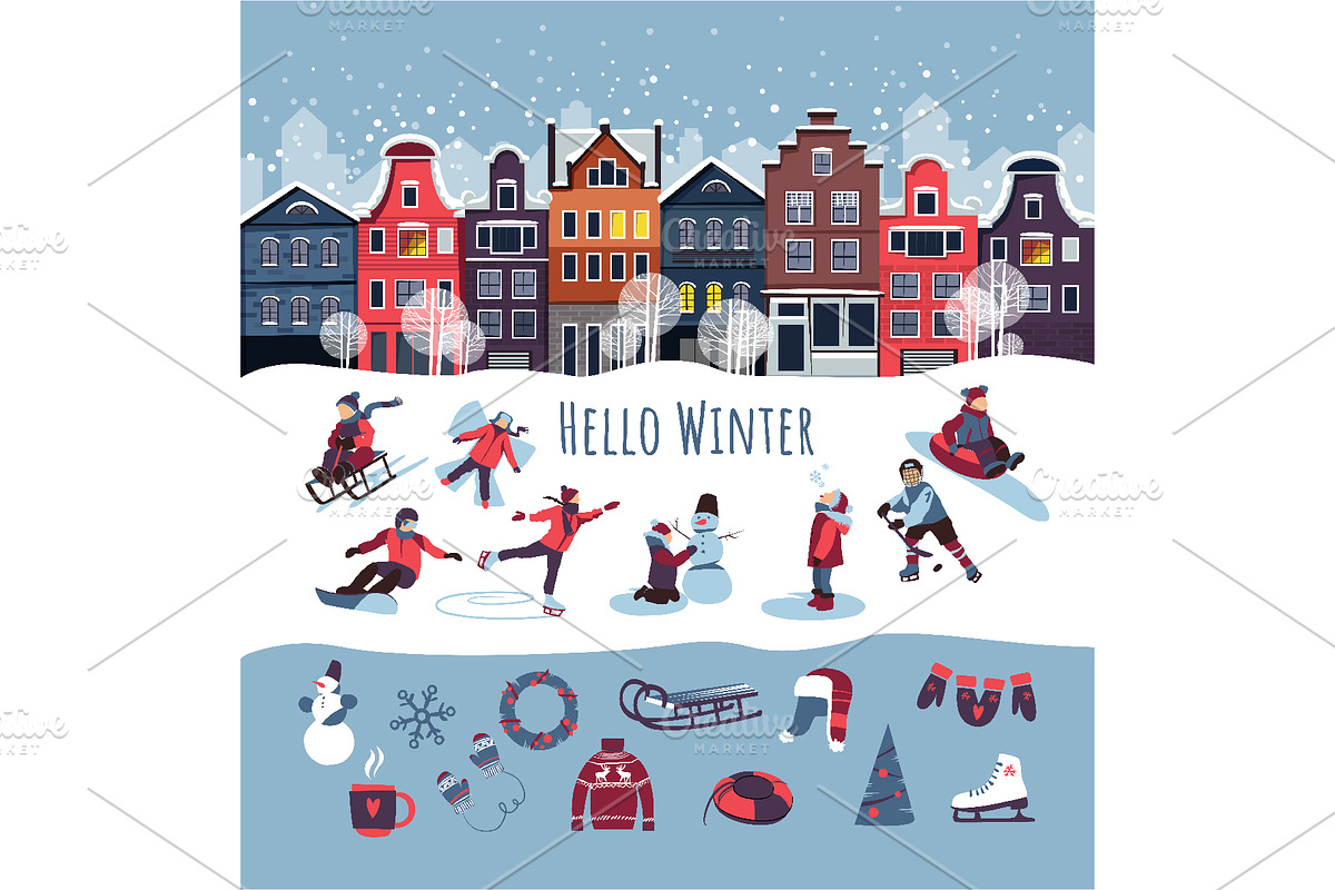 Winter Activities Vector Set, a Seasonal Illustration by Zonda
