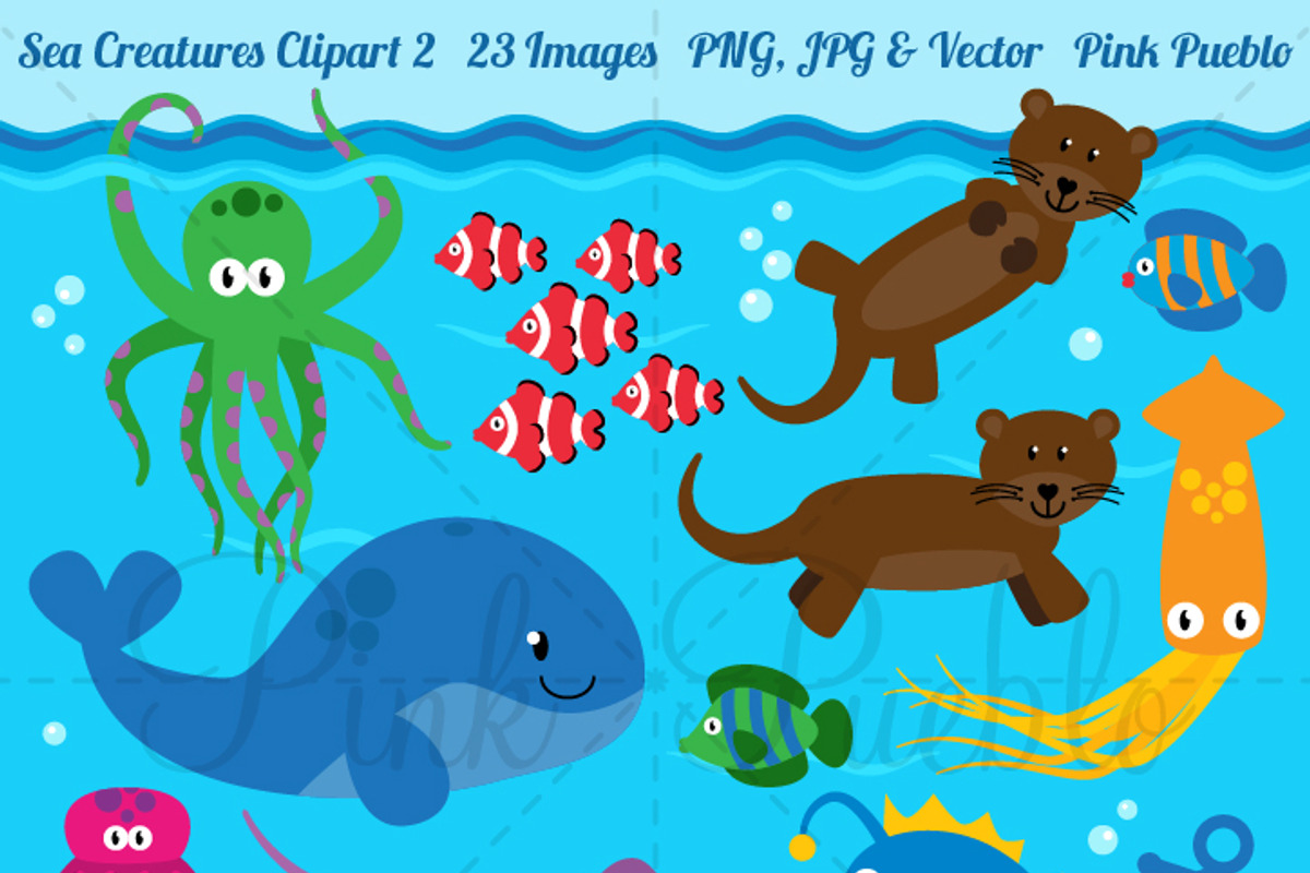 Sea Animals Clipart and Vectors, an Animal Illustration by PinkPueblo