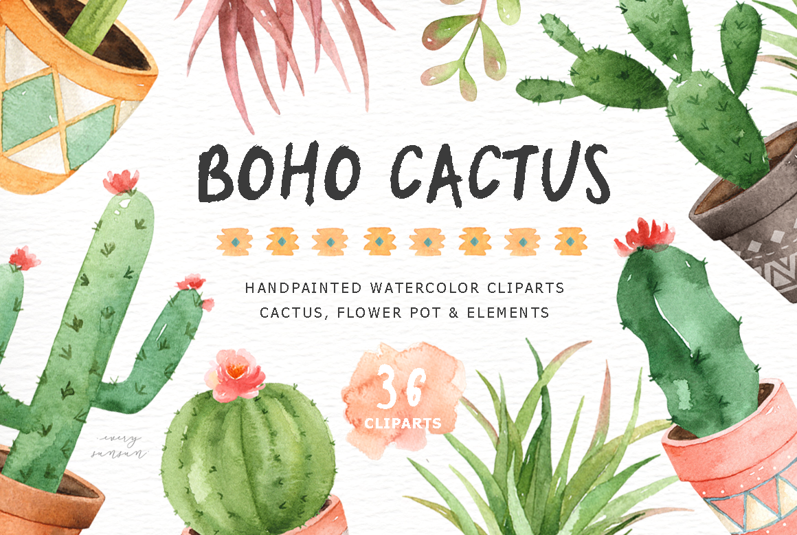 Boho Cactus Watercolor Clip Arts, a Decorative Illustration by everysunsun