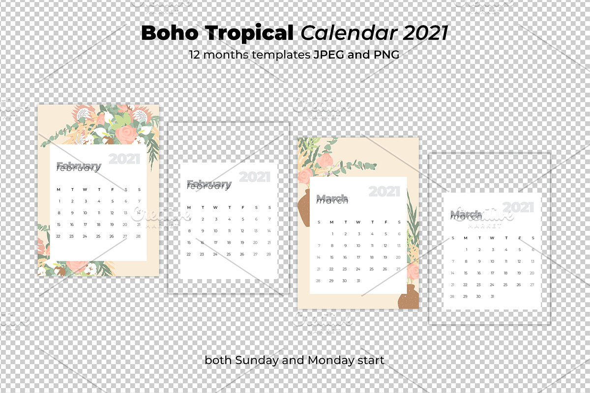 Boho Calendar Template 2021, a Stationery Template by Rose Design