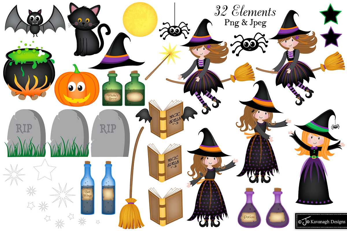 Halloween witch clipart & paper -C14, an Illustration by Jo Kavanagh ...