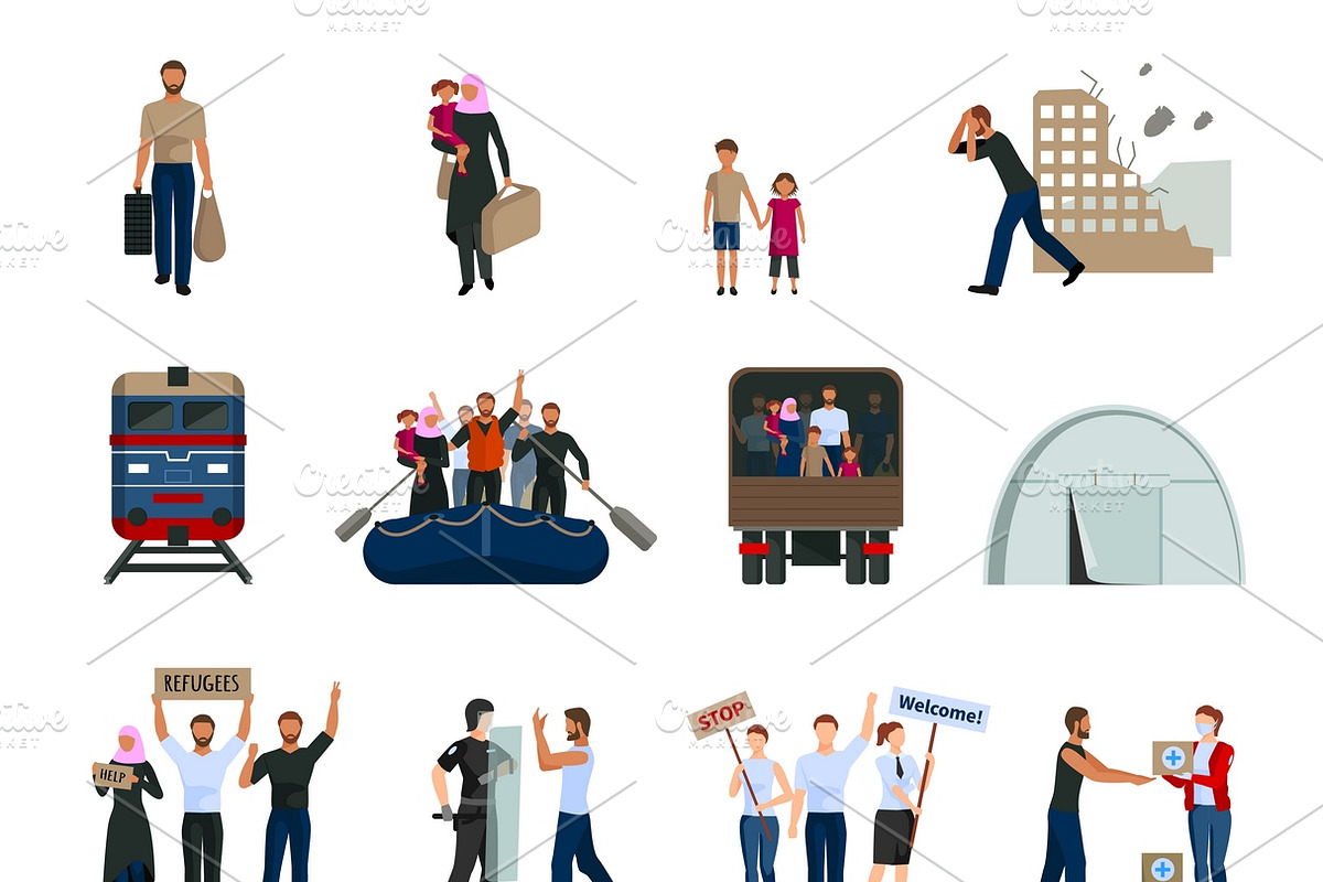 Stateless refugees flat icons set, an Icon by Macrovector | Creative Market