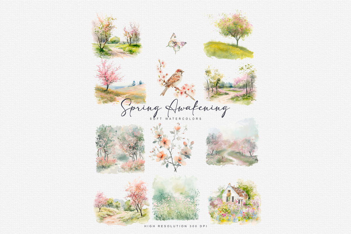 watercolor spring scenery clipart, a Decorative Illustration by ...