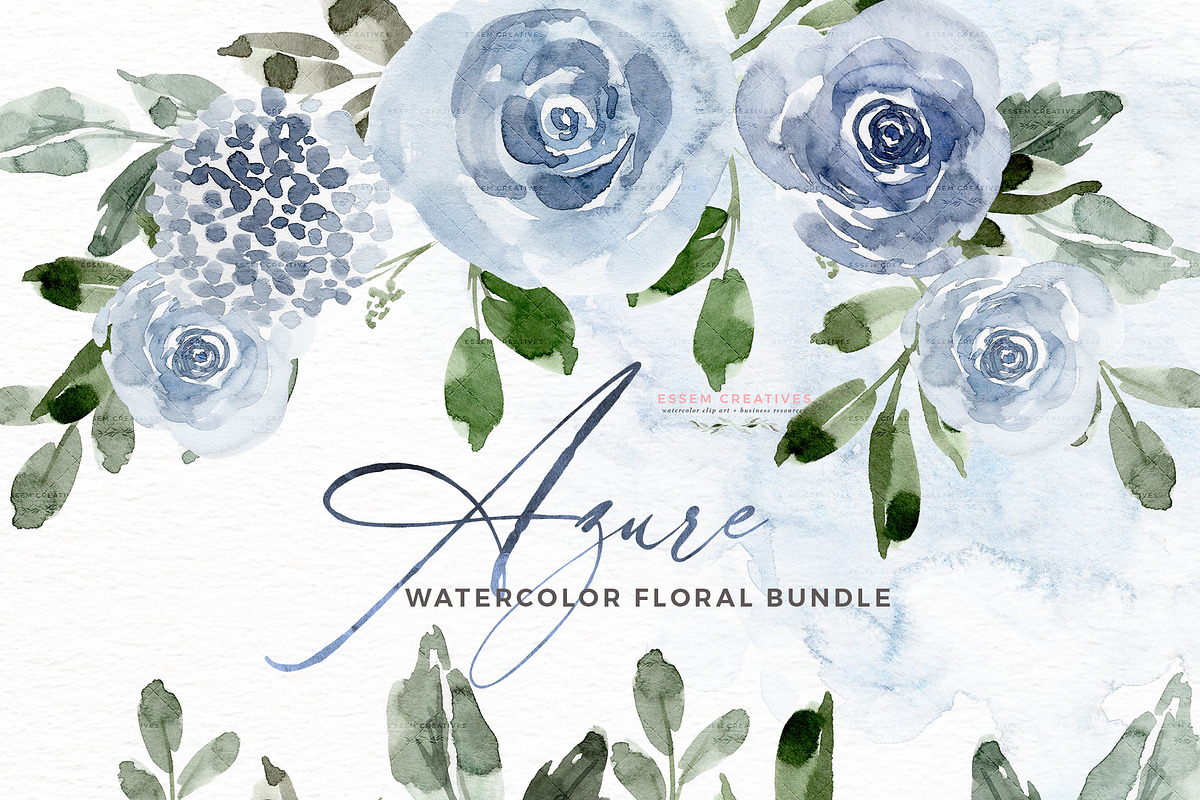 AZURE Blue Watercolor Flower Clipart, an Illustration by Essem Creatives