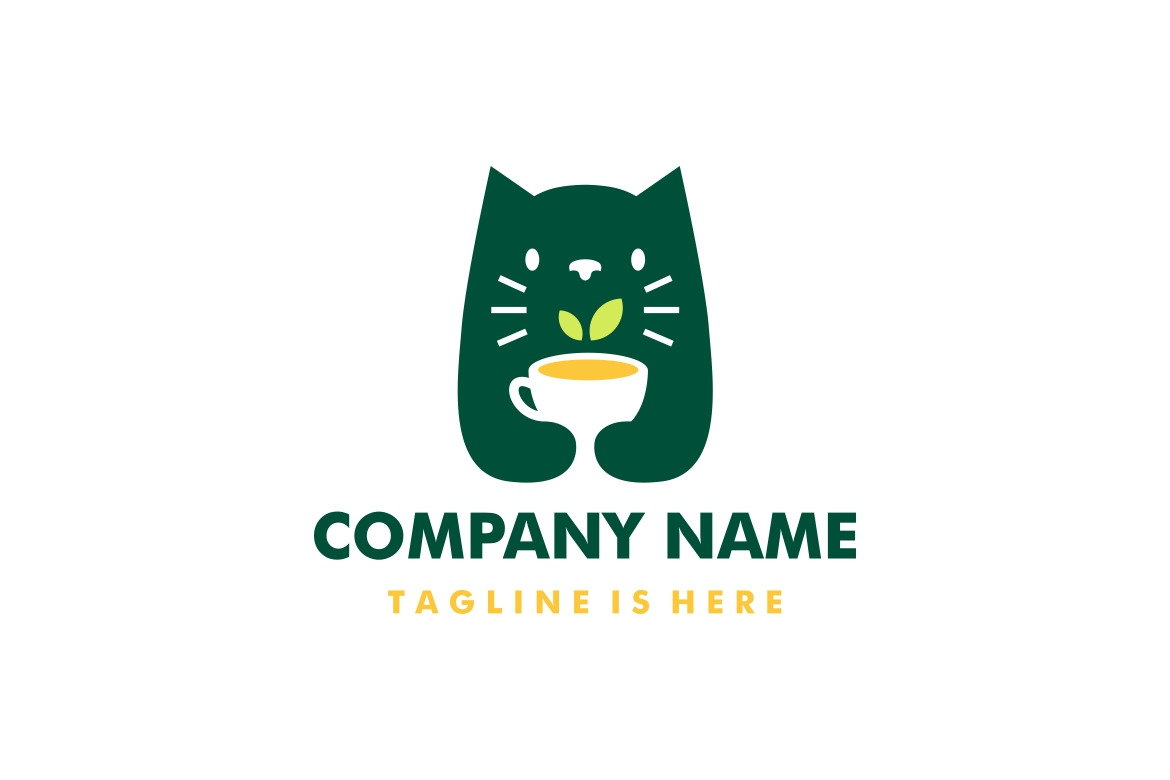 cat tea leaf cup negative space logo, a Branding & Logo Template by vastard
