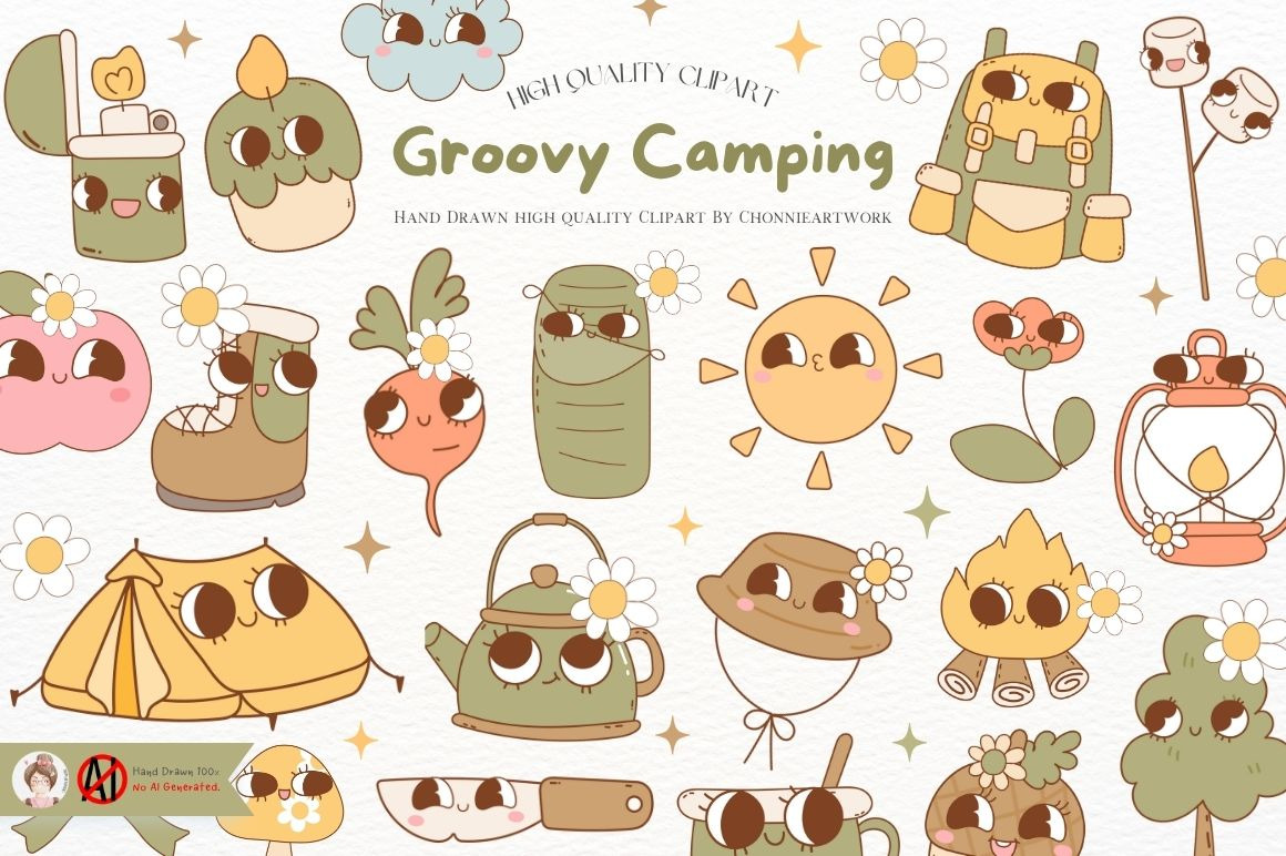 Groovy Camping Clipart,Summer, a Seasonal Illustration by Chonnieartwork
