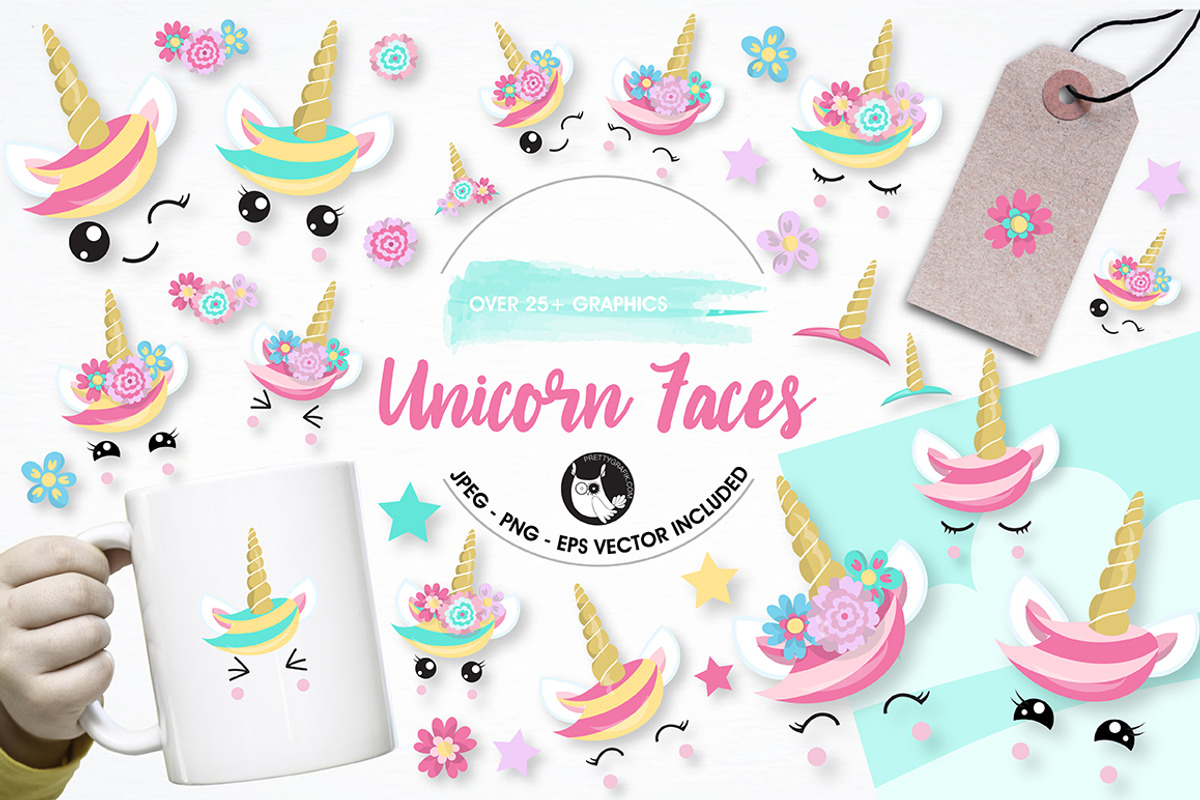 Unicorn faces graphics illustration, an Illustration by PrettyBundles