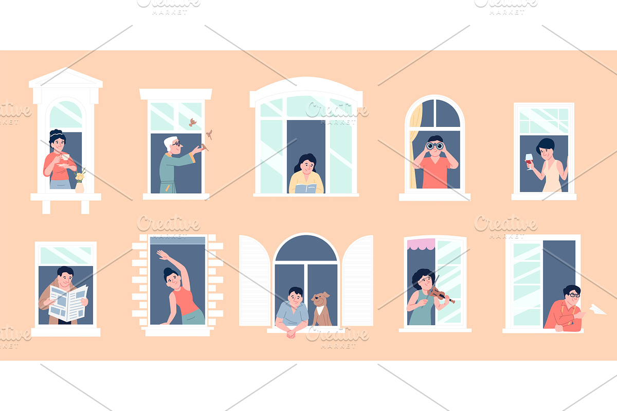 People in windows. Neighborhood, an Object Illustration by LadadikArt