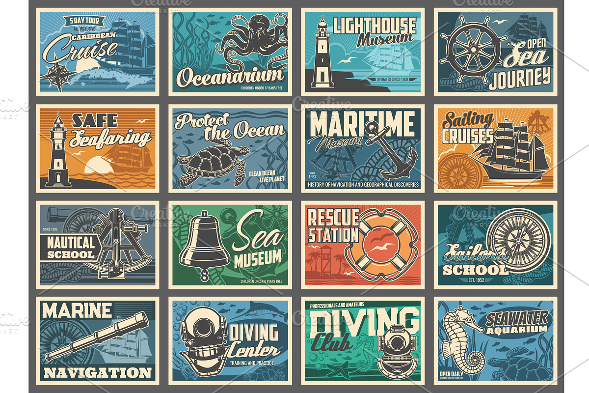 Nautical retro posters, an Education Illustration by Vector Tradition