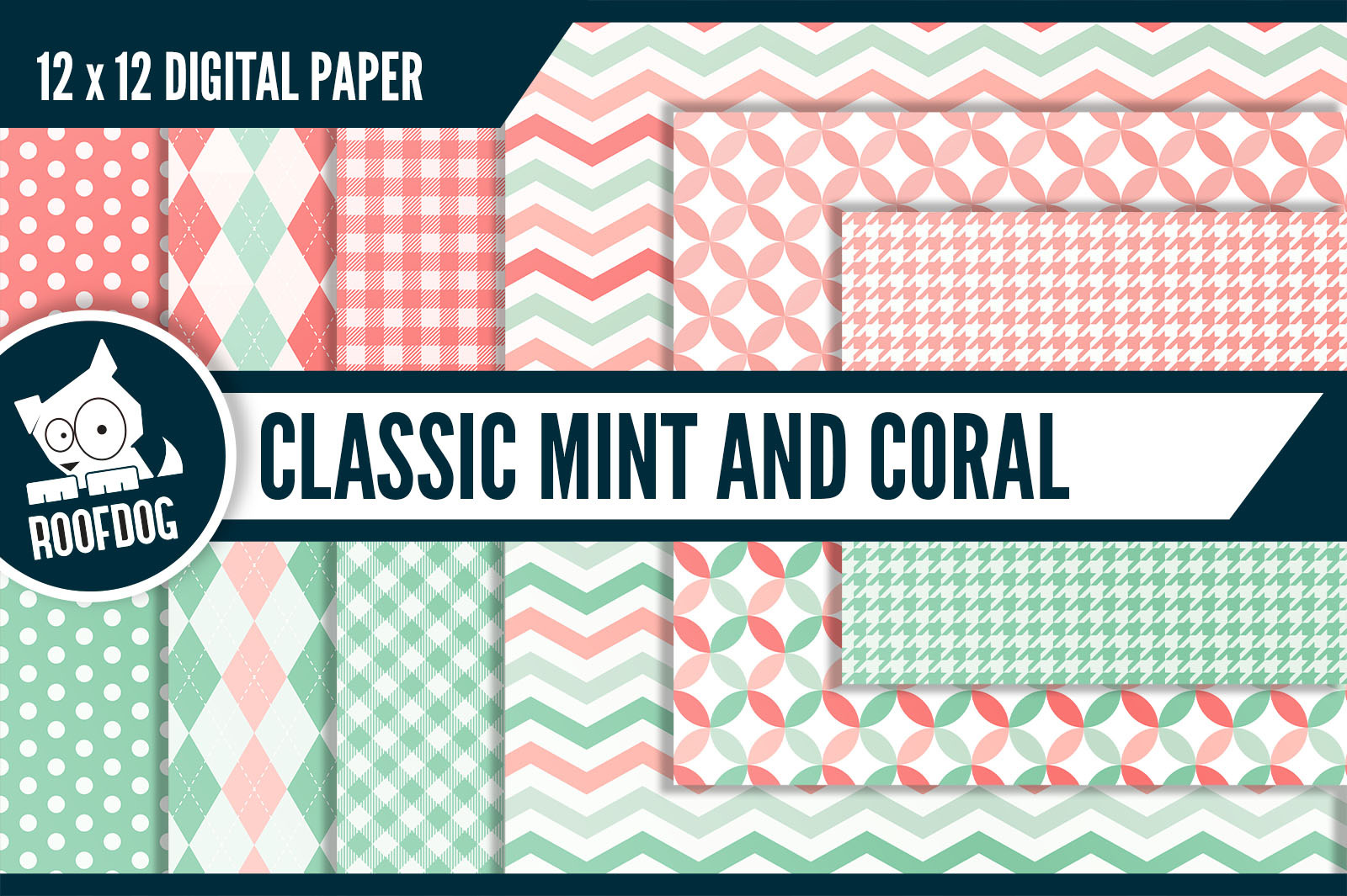 Classic digital paper mint and coral, a Pattern Graphic by Roofdog Design