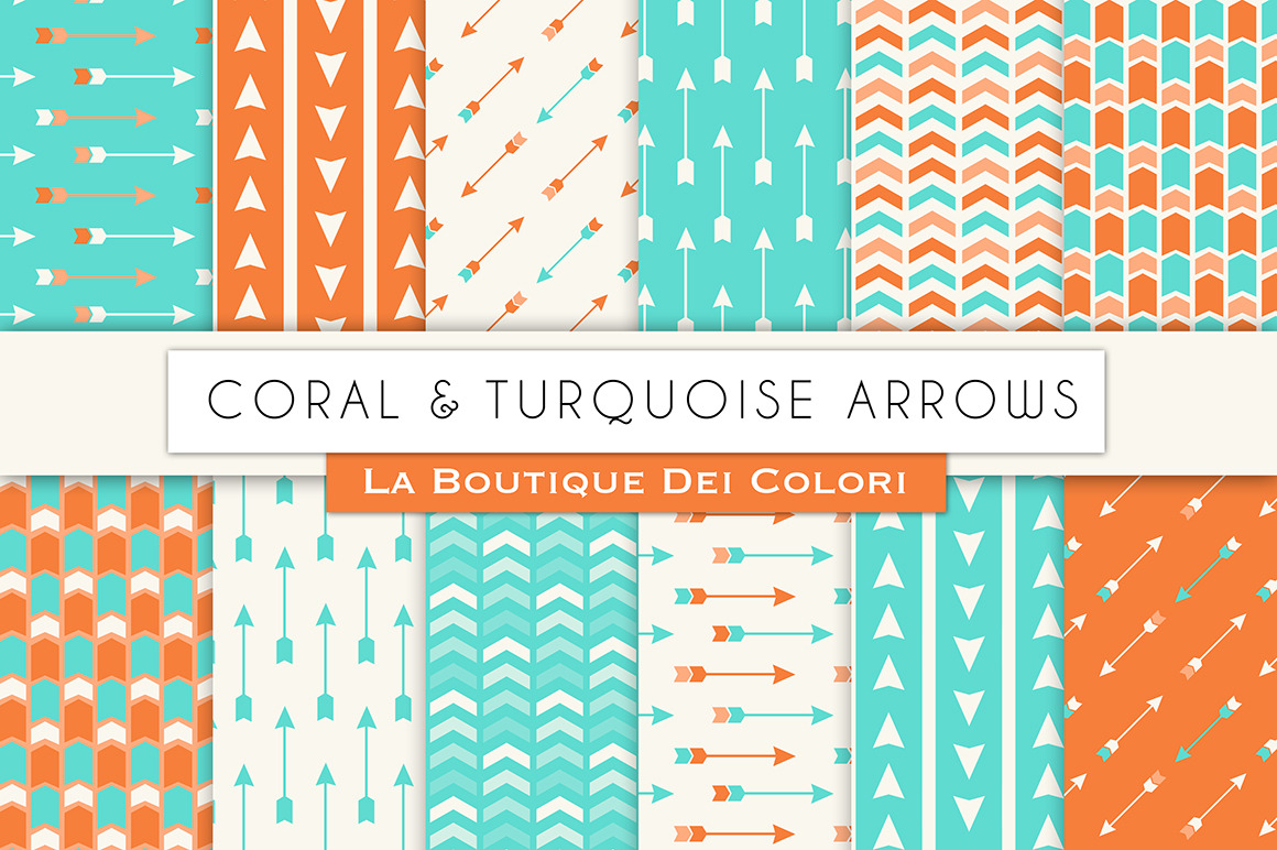 Coral Turquoise Arrow Digital Paper, a Pattern Graphic by La Boutique ...