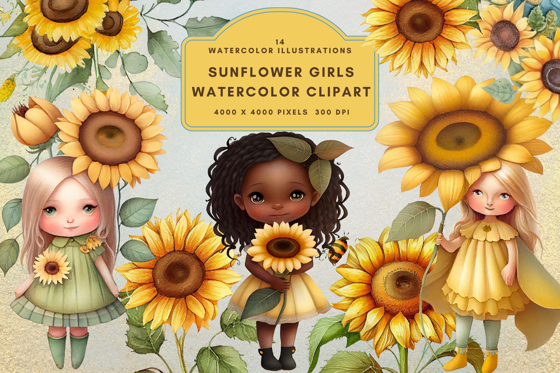 Sunflower Girls Watercolor Clipart, a Person Illustration by NadiaTheronArt