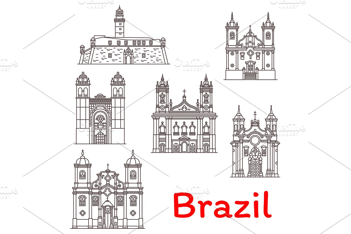 Brazil landmarks vector architecture line icons, an Illustration by ...