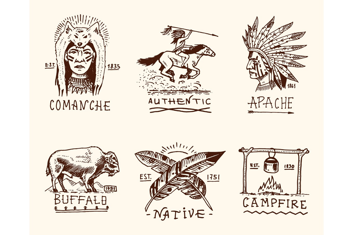 set of engraved vintage, hand drawn, old, labels or badges for indian ...