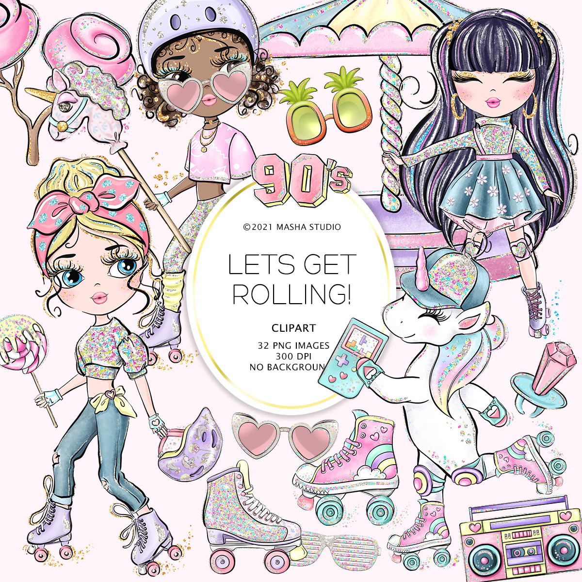 Roller Skating Girls Clipart, an Illustration by Masha Studio