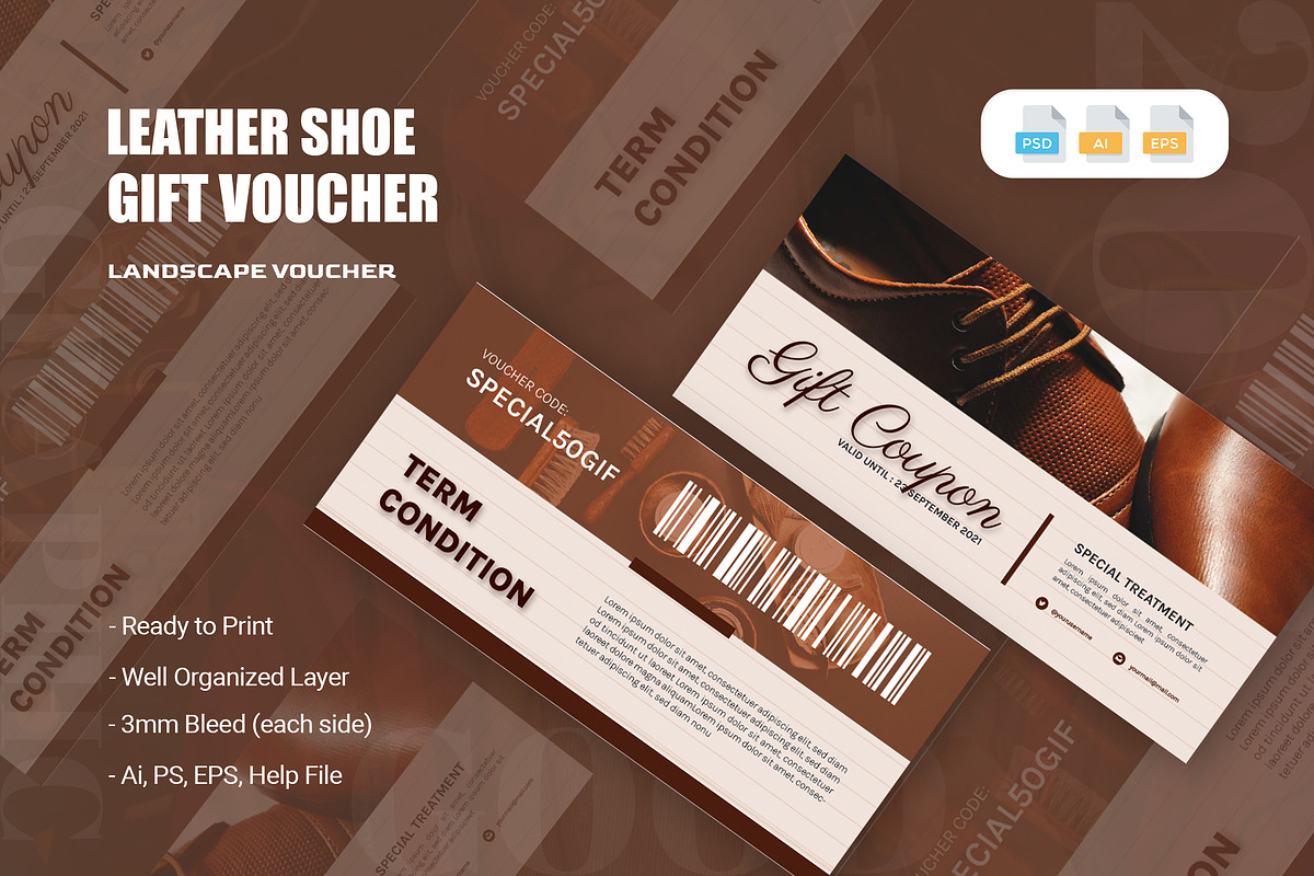 Leather Shoe Gift Voucher, a Business Card Template by AQR Studio