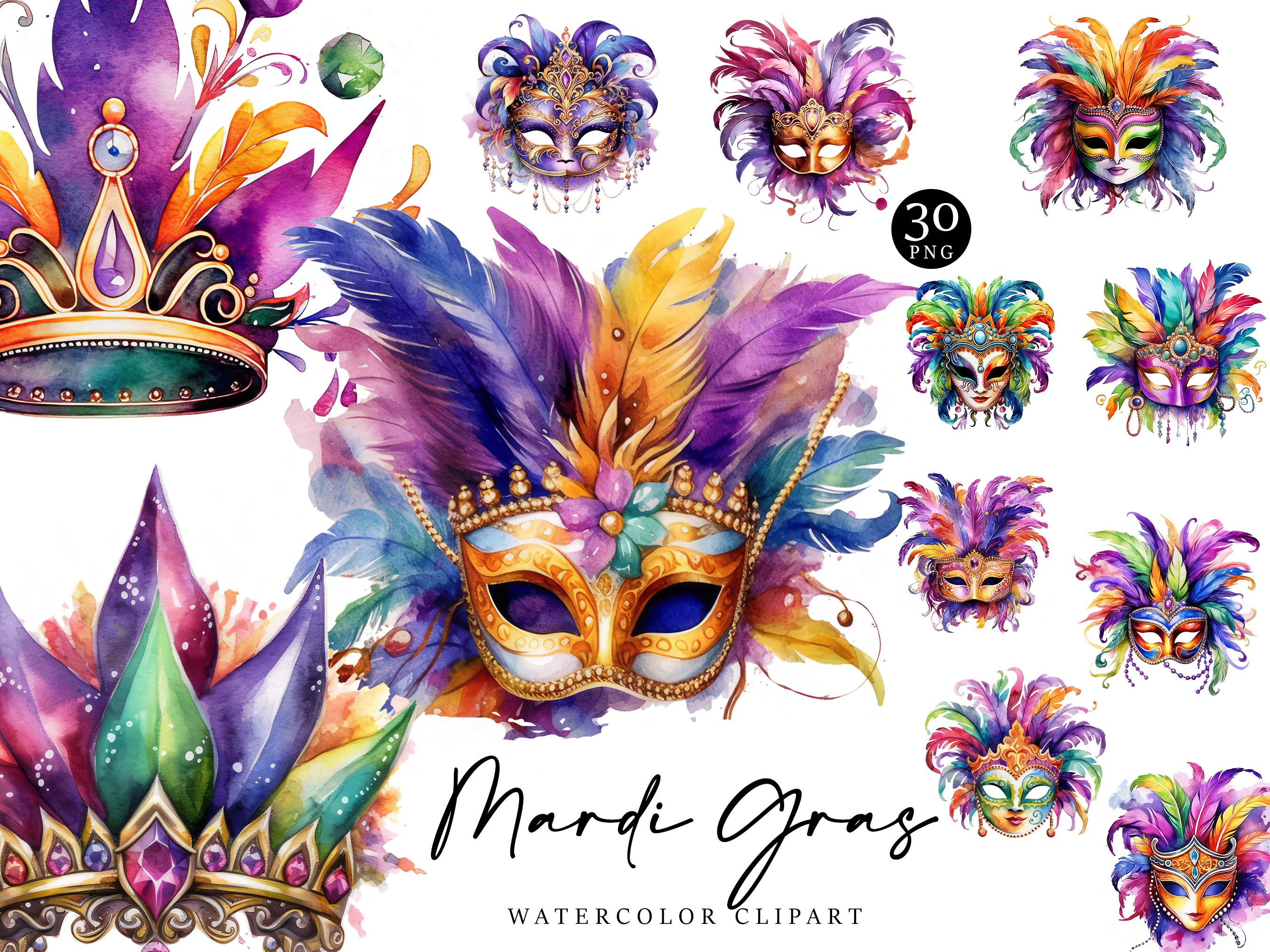 Watercolor Mardi Gras Clipart Bundle, an Object Illustration by Design ...