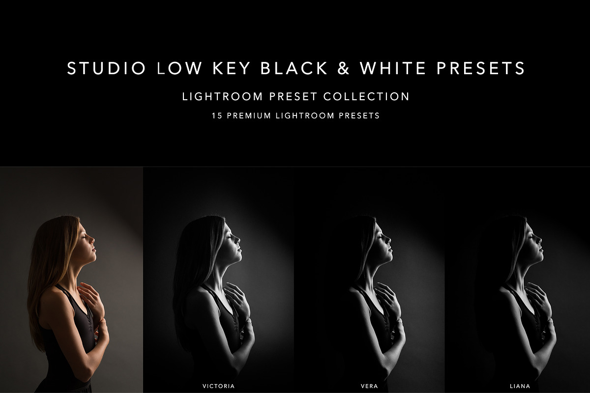 Studio Portrait Low Key BW Presets, an Action Add-On by Modern Stock