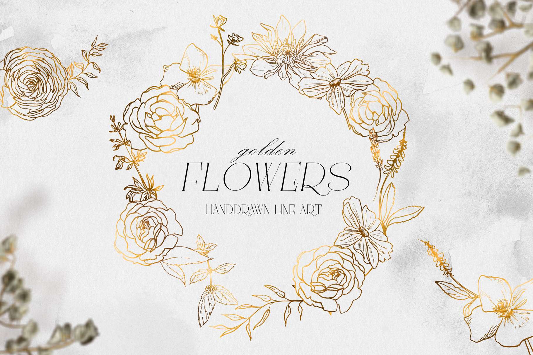 Golden Flowers Handdrawn Line art, an Illustration by SunnyAfternoons